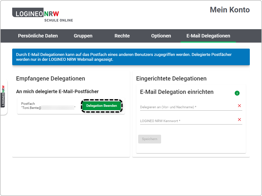 E-Mail: Delegation einrichten: Delegation des E-Mail-Postfachs | Netzwerk-Moodle